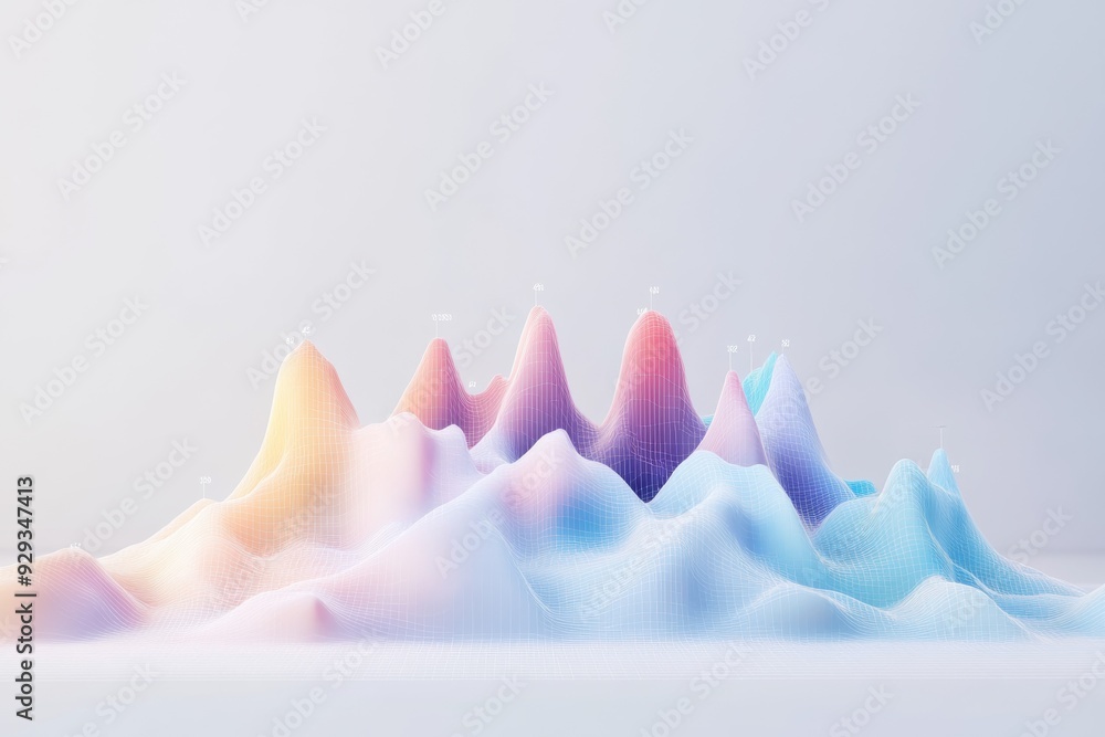 3D graph with colorful peaks and gridlines representing complex digital ...