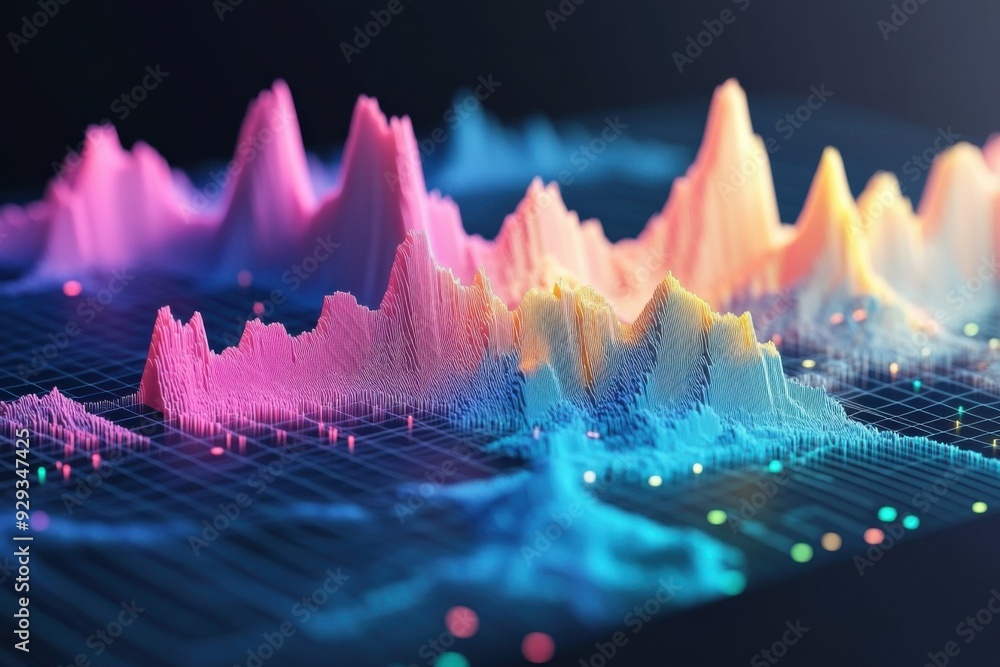 3D graph with colorful peaks and gridlines representing complex digital ...