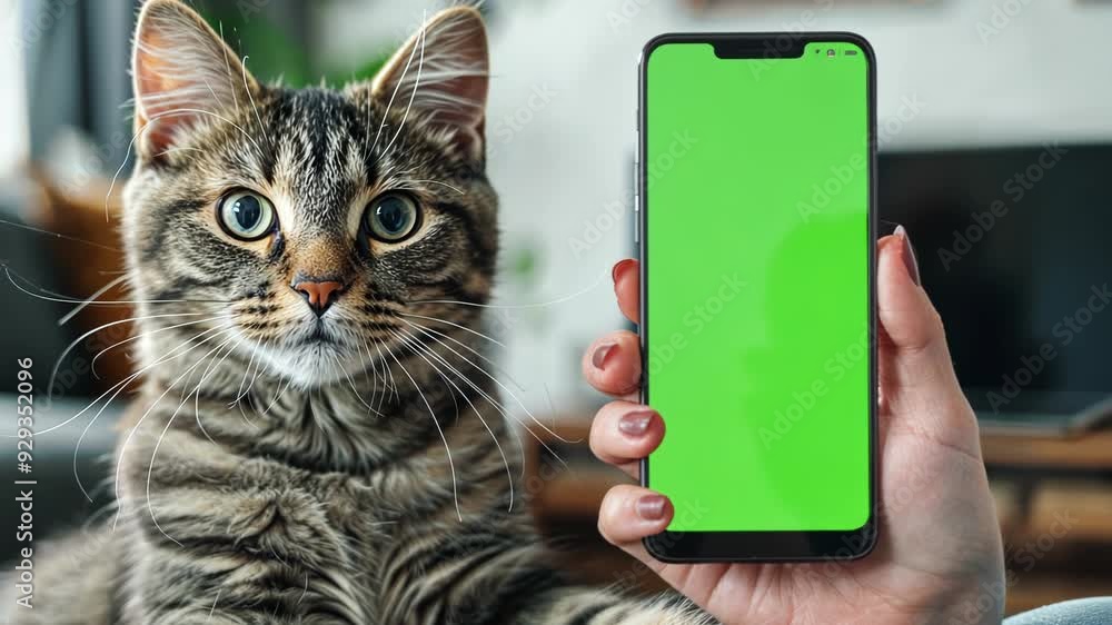 Cat portrait woman hand holding chroma key phone, touching, clicking ...