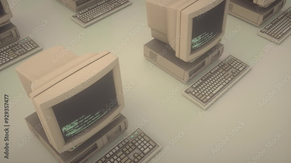 Retro personal computer or PC with keyboard in dynamic motion. Abstract ...