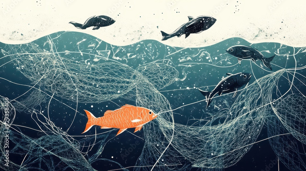 Discarded fishing nets trap marine life, illustrating the impact of ...