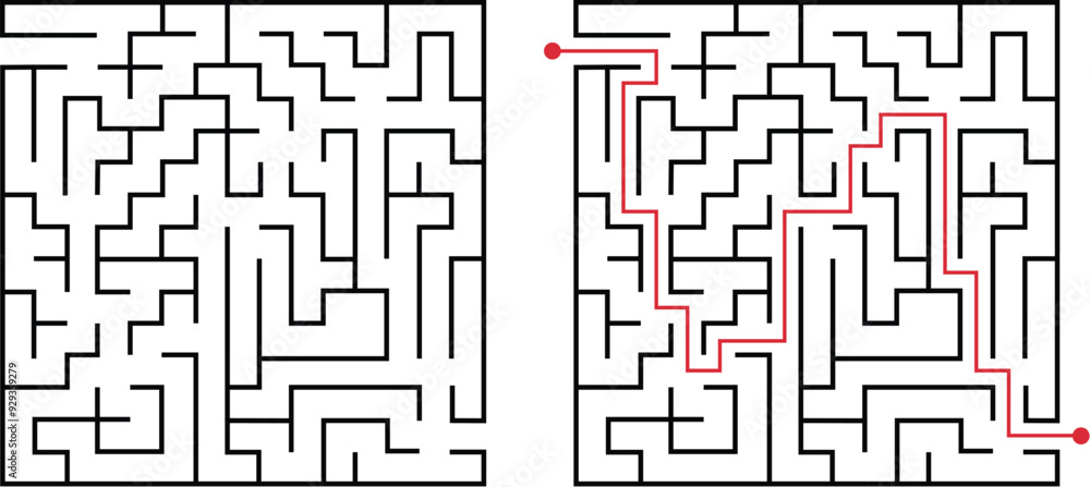 Labyrinth game way. Square maze, simple logic game with labyrinths way. How to find out quiz ...