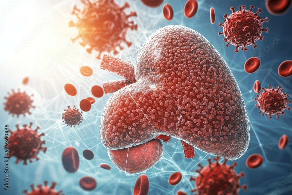 Illustration of a human heart with viruses and blood cells ...