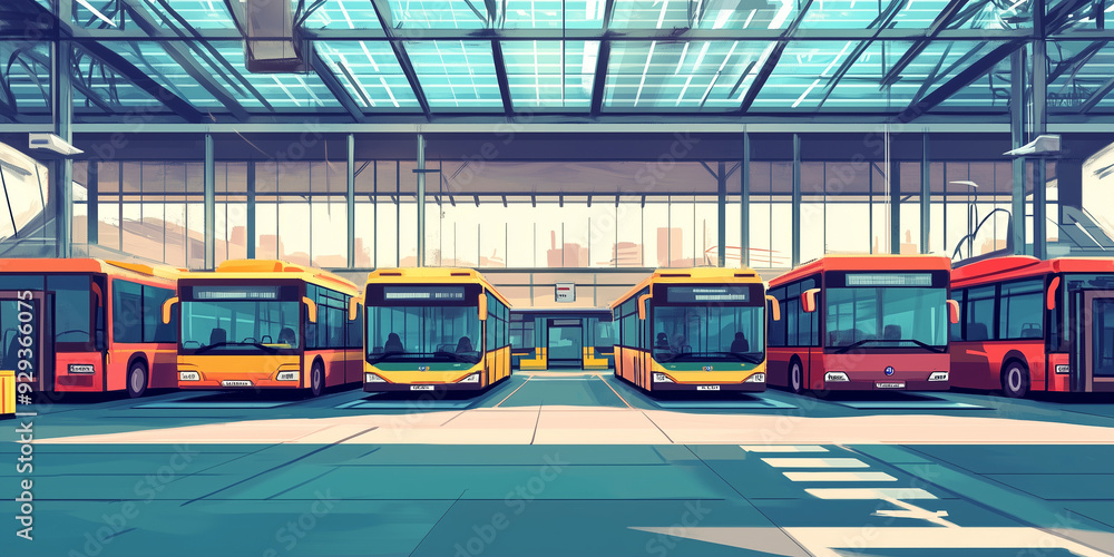 Bus terminal with multiple buses parked in bays under a large roof ...