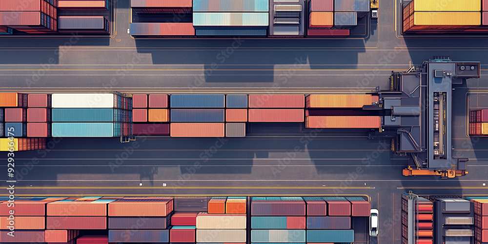 Vast freight terminal with organized stacks of containers and an ...