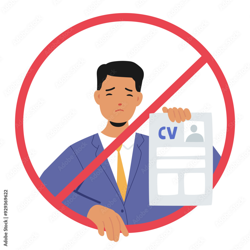 Sad Job Applicant Male Character In Formal Suit Holding A Cv With A Red ...