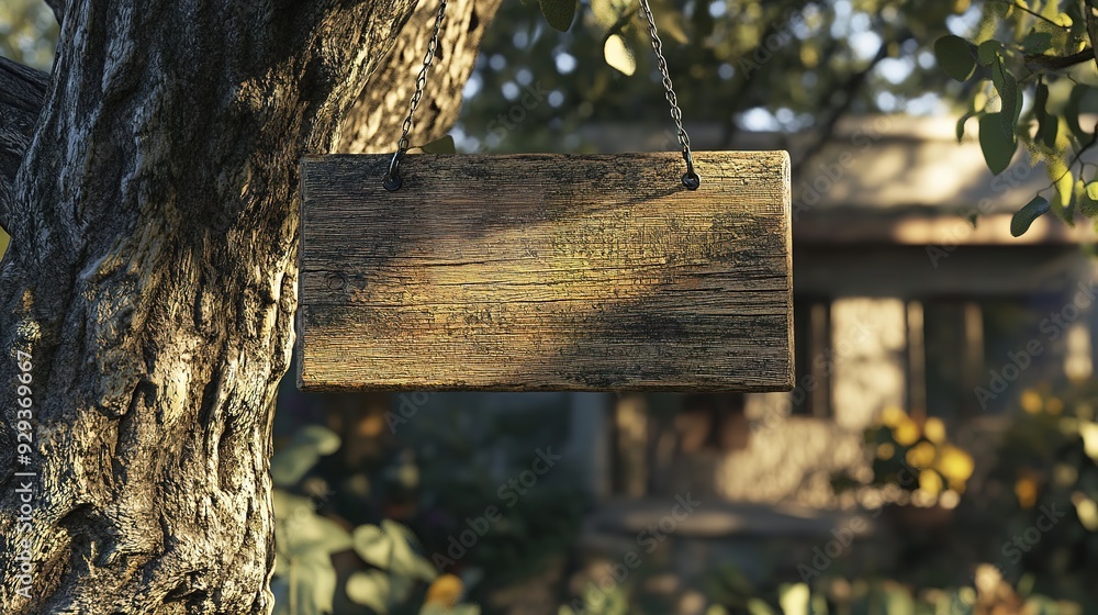A wooden nameplate with a light finish, hanging from a tree branch in a ...