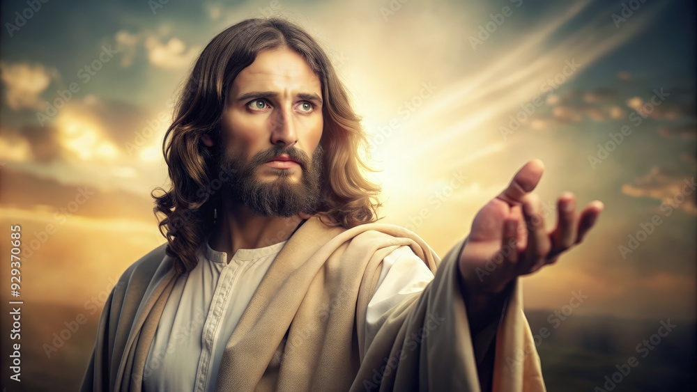 Thoughtful depiction of Jesus Christ extending his hand in a serene ...