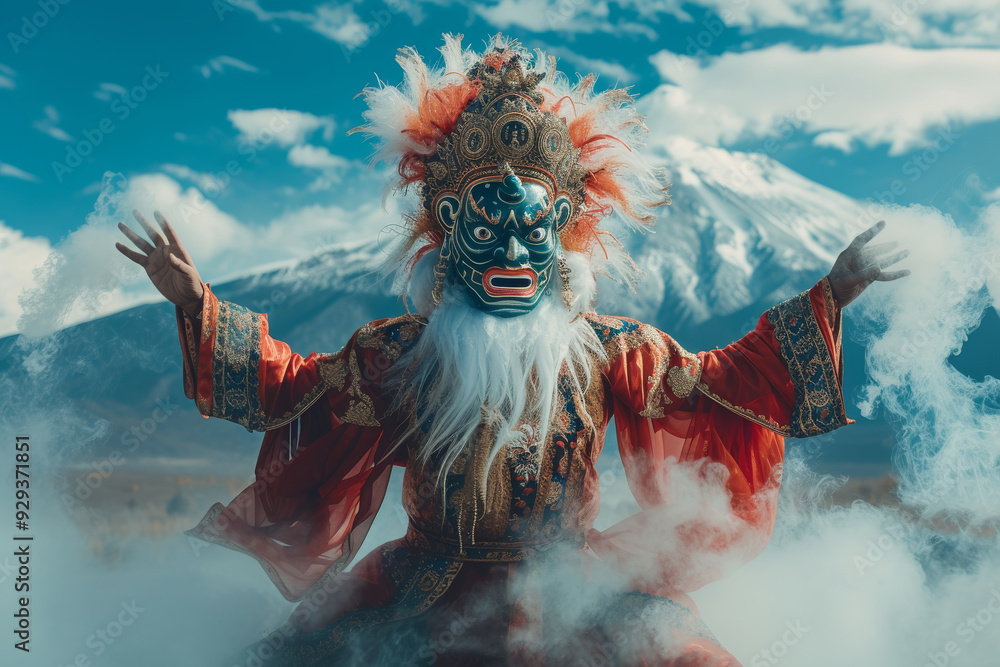 Tibetan masked dancer performing traditional ritual Cham dance in ...