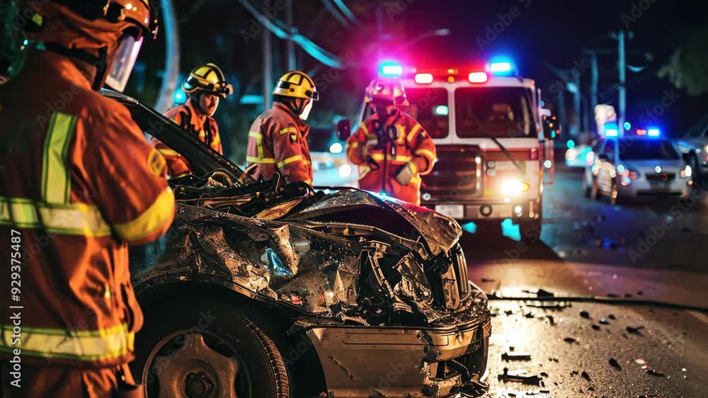 Emergency personnel work diligently at night to secure a car crash site ...