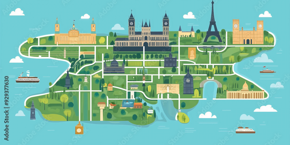 Simplified map of a tourist destination with major attractions ...