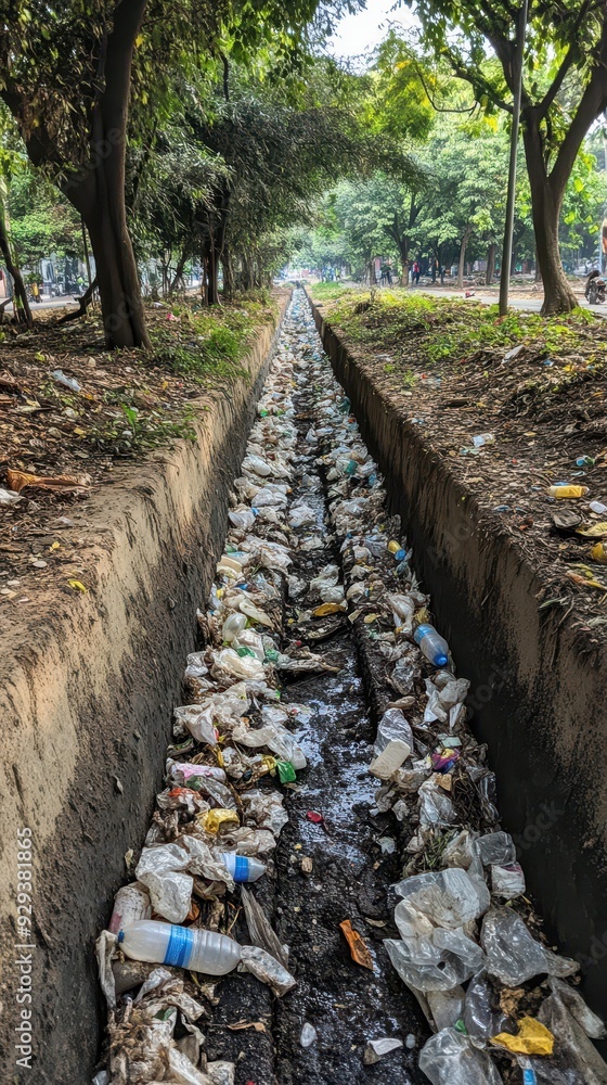 Plastic waste fills a drainage channel, causing significant ...