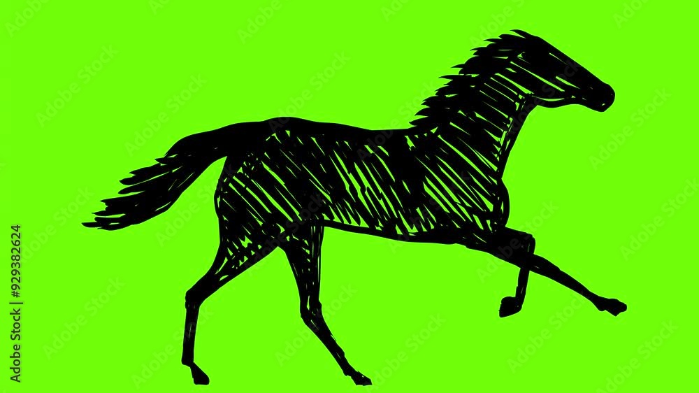 2d Animation line drawing of a horse stallion or pony racing running ...