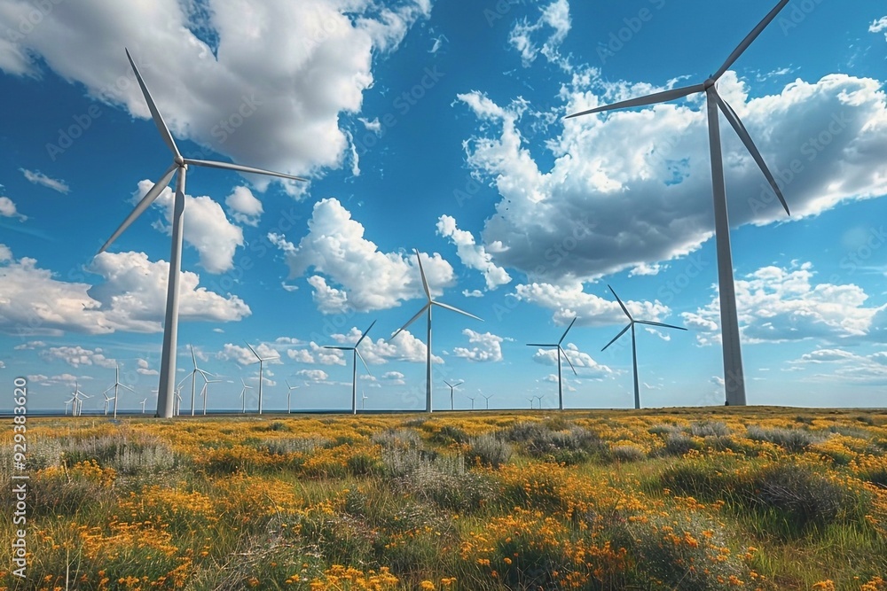 wind turbines set in a vast field. multiple turbines with their blades ...