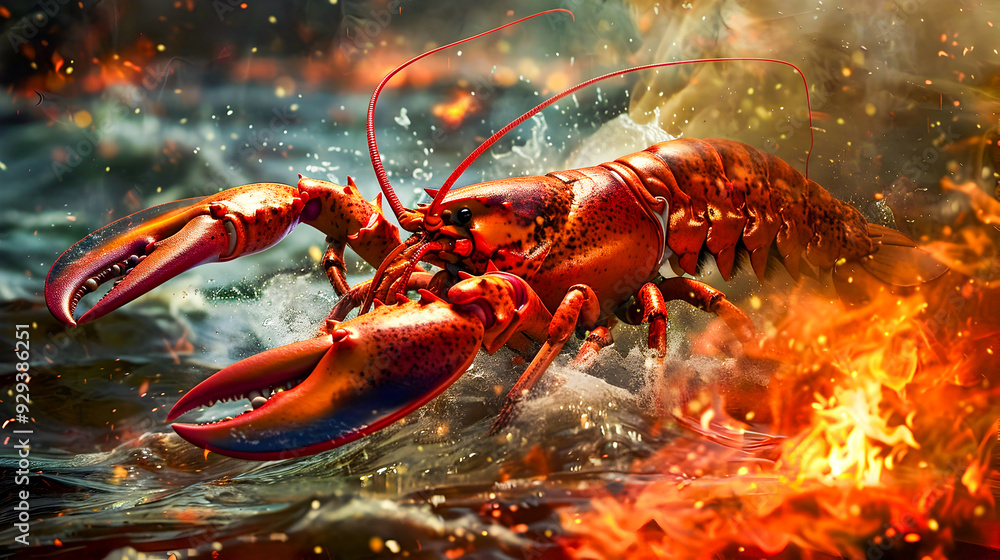Fiery Crimson Lobster Emerging From Burning Oceanic Inferno A surreal ... Fiery Crimson Lobster Emerging From Burning Oceanic Inferno A surreal ...