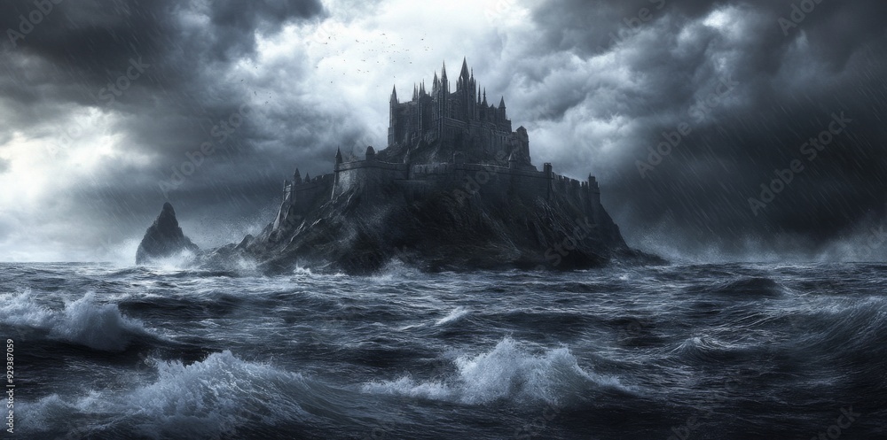 Dark Enchanted anime-style Medieval Castle on a Hill Surrounded by a ...