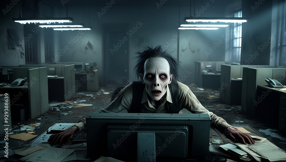 Haunting Workplace a deadpan, deadman sitting on a computer desk in a ...