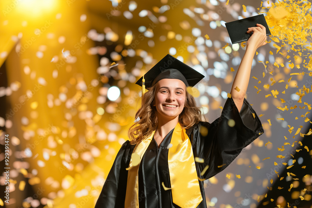 A cheerful graduate in cap and gown lifts their diploma high amid ...