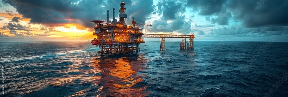 Offshore drilling rig platform in the evening, blue sea backdrop, fuel ...