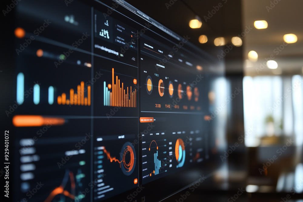 A dynamic digital dashboard displaying colorful charts and graphs in an ...