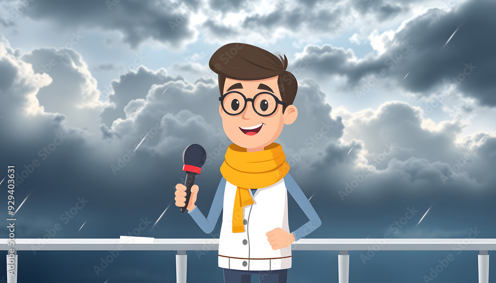A flat design weather reporter character depicted holding a microphone ...