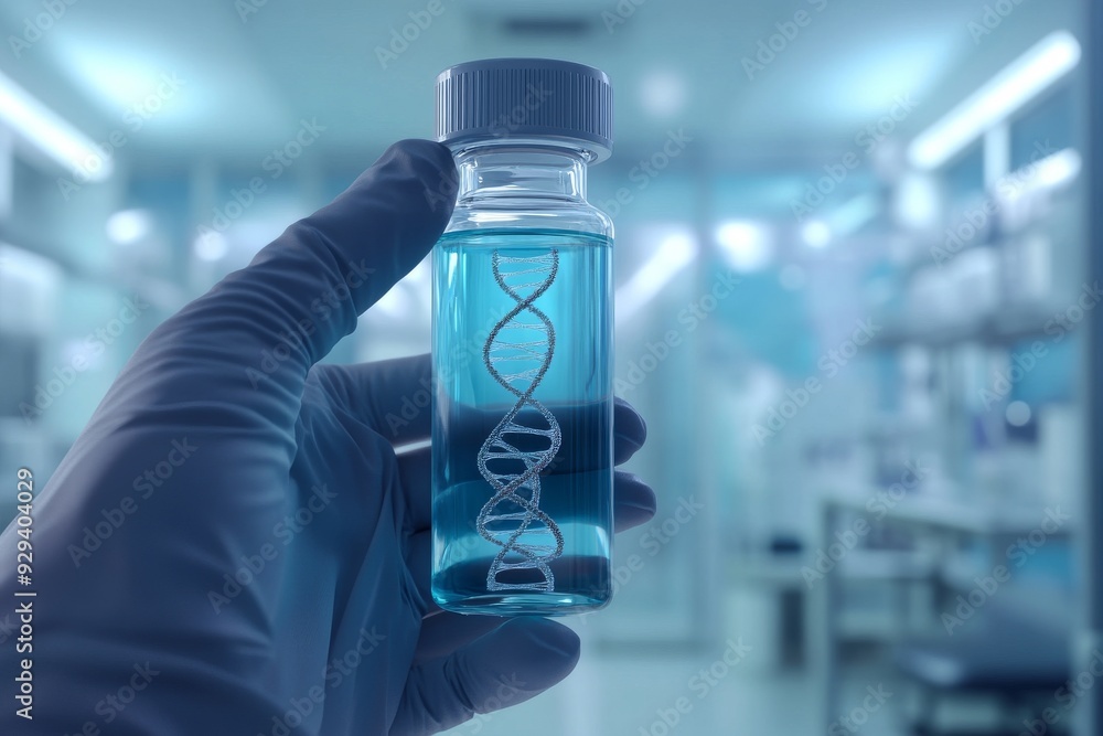 An illustration showing DNA structure and a scientist holding a vial ...