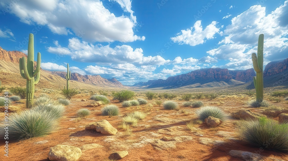 arid desert landscape sunbaked rock formations and cacti under vast blue sky warm colors and ...