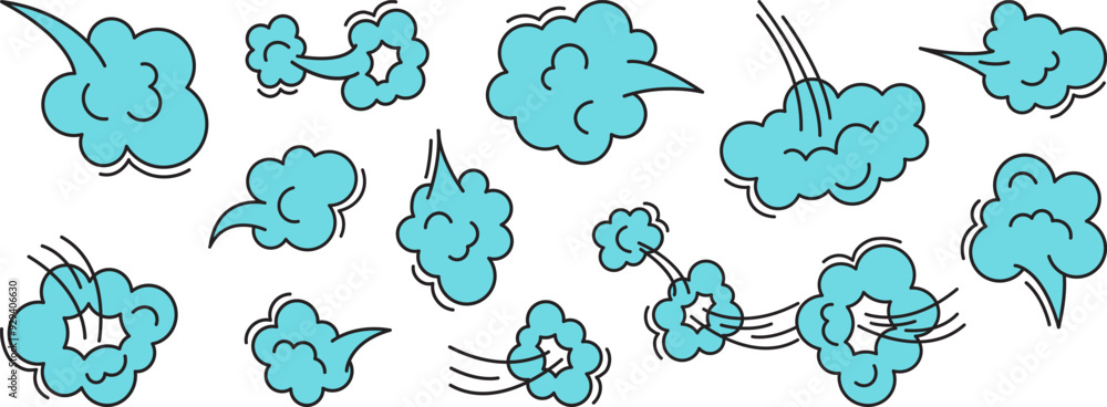 Cartoon fart cloud icon, smoke poof doodle, blue comic breath, air ...