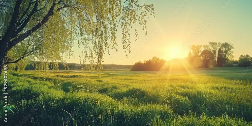 Spring landscape with green grass willows and clear sky during sunset ...
