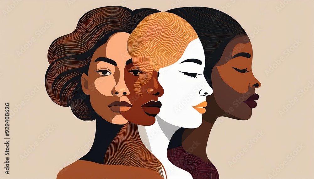 An artistic illustration depicting a woman's head composed of the faces ...