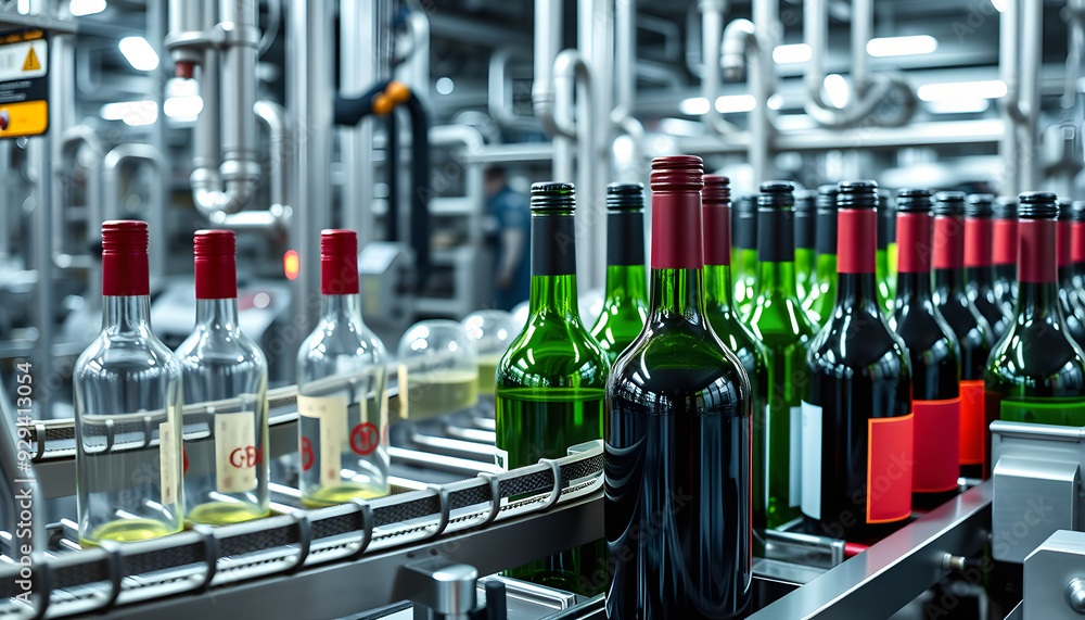 Industrial wine bottling plant theme. Modern industry production line ...