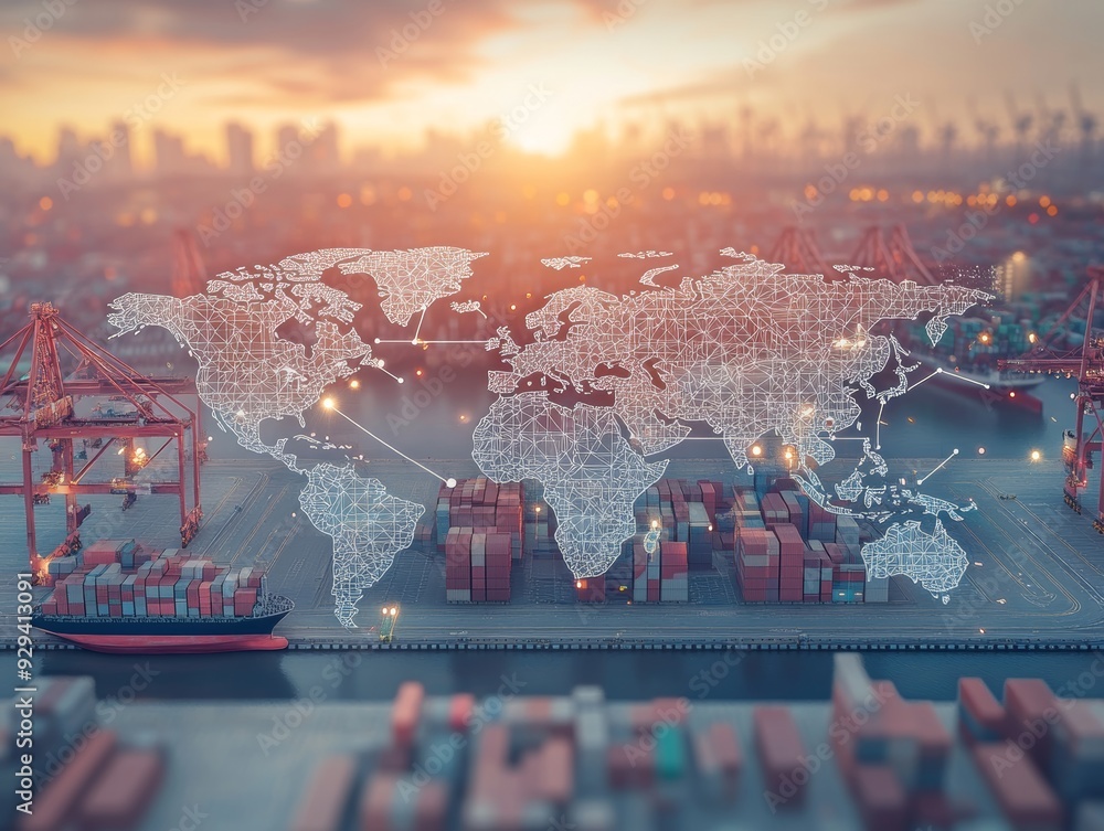 Global logistics network cargo ships at port, world map background for ...