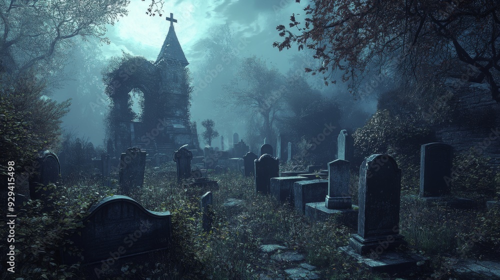 Ghostly and eerie graveyard illuminated by a full moon, filled with ...