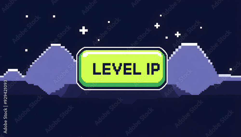 Pixel art game background with button level up. Game design concept in retro style. Vector ...