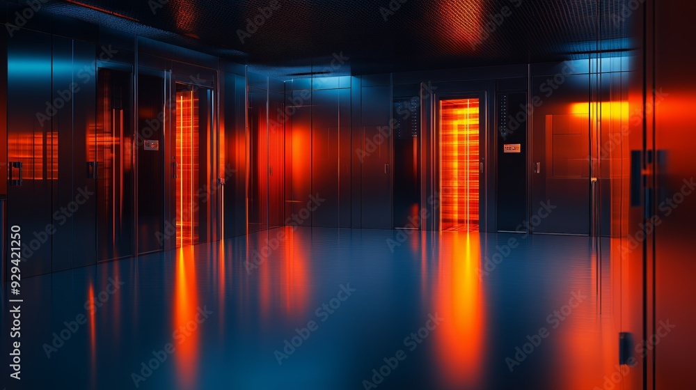 An empty server room with glowing red lights from behind the doors. The ...
