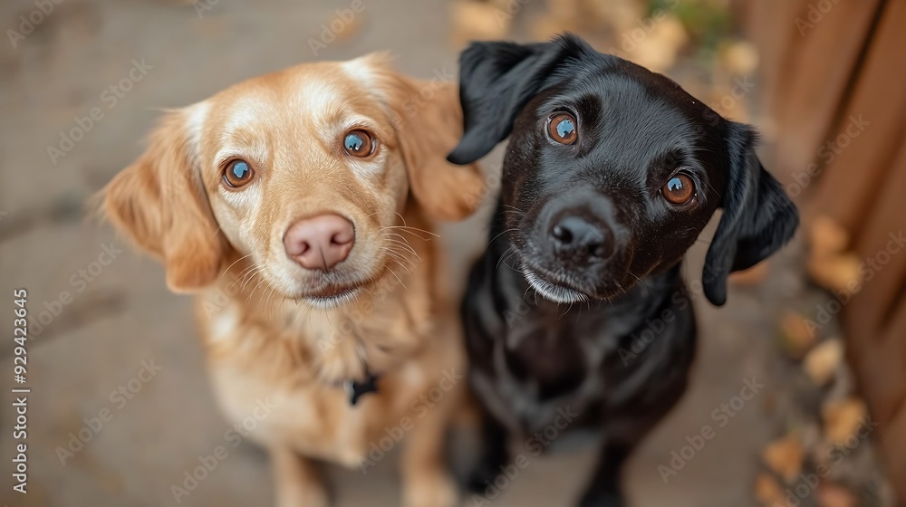 Happy dogs looking up at camera or pet owner Two puppy dog friends ...
