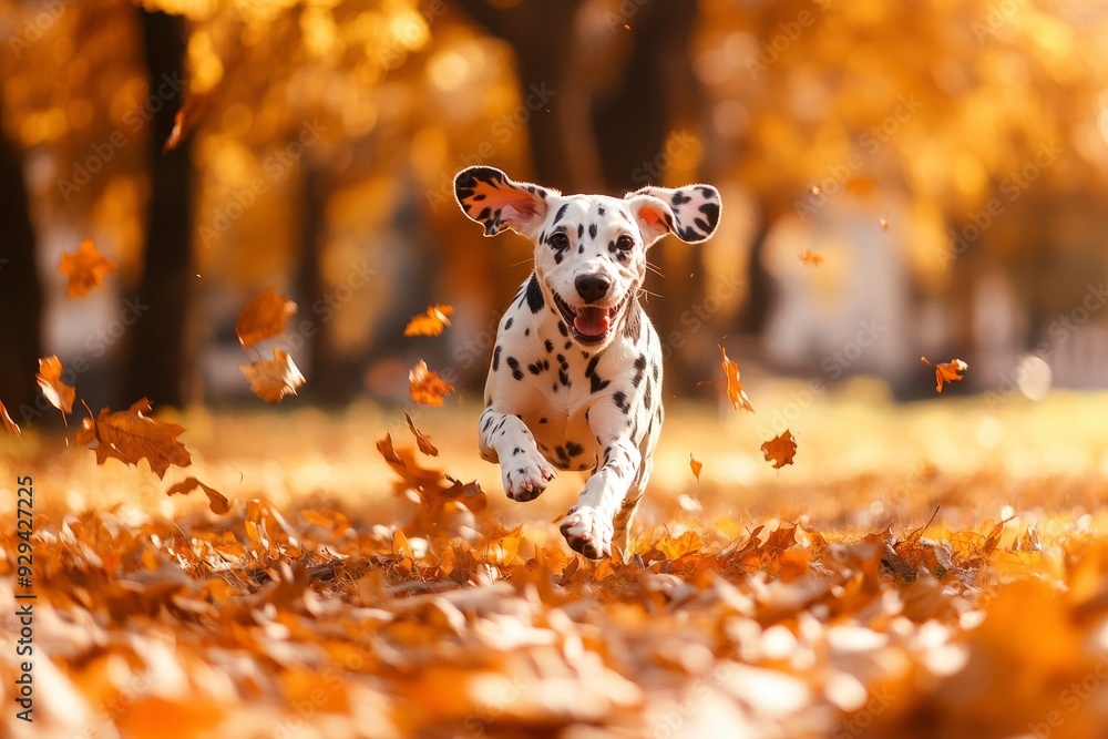 A cute dalmatian running through a park, surrounded by autumn leaves in ...