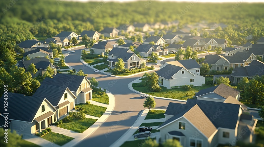Aerial of a neighborhood with sold signs over several houses Top down ...
