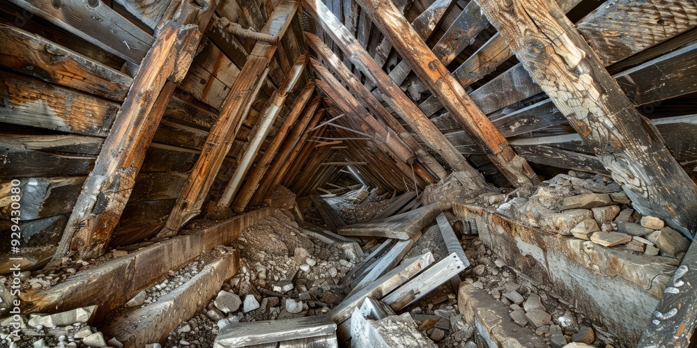 Collapsed wooden timbering in underground tunnel of an old gold mine ...