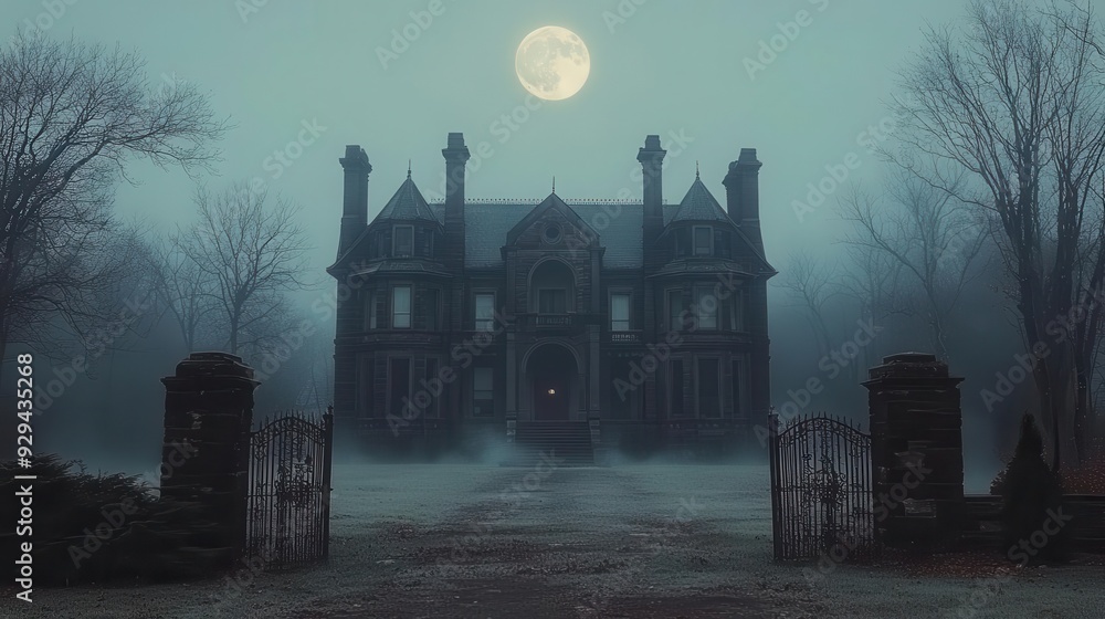 Foto de gothic revival mansion shrouded in ghostly mist full moon ...