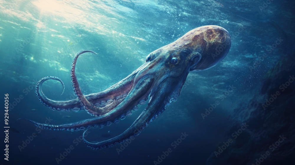 Giant squid swimming in the deep sea, representing the mysterious and ...