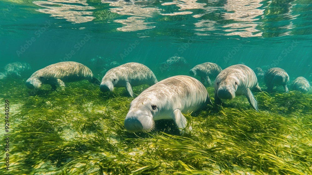 Herd of dugongs grazing on seagrass in shallow waters, representing ...