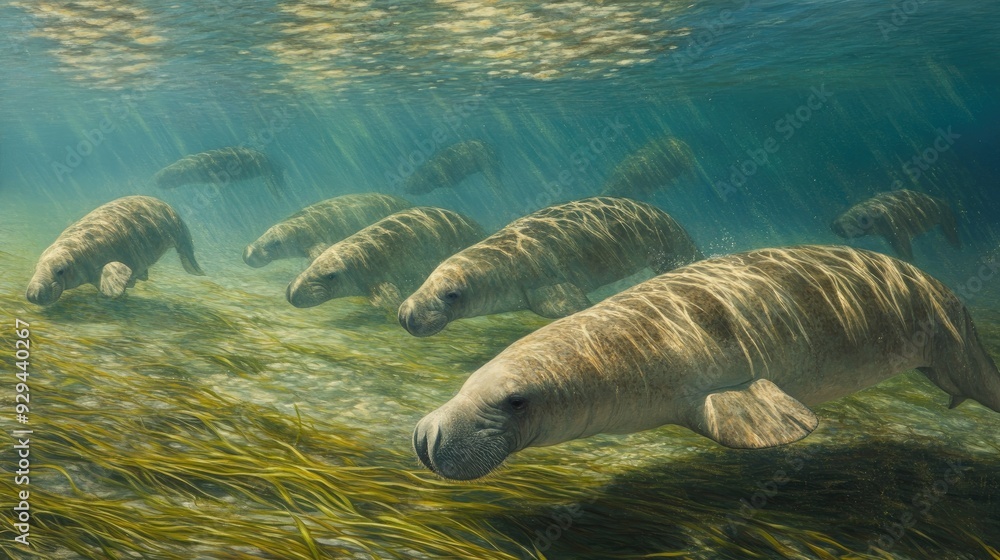 Herd of dugongs grazing on seagrass in shallow waters, representing ...