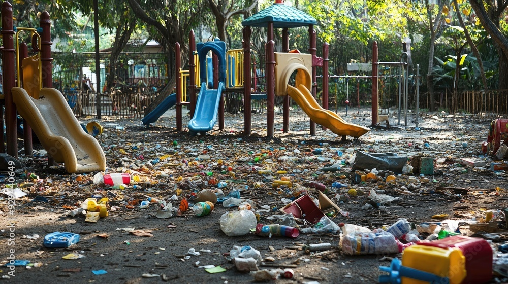 Litter-strewn playground with discarded toys and wrappers, showing the ...