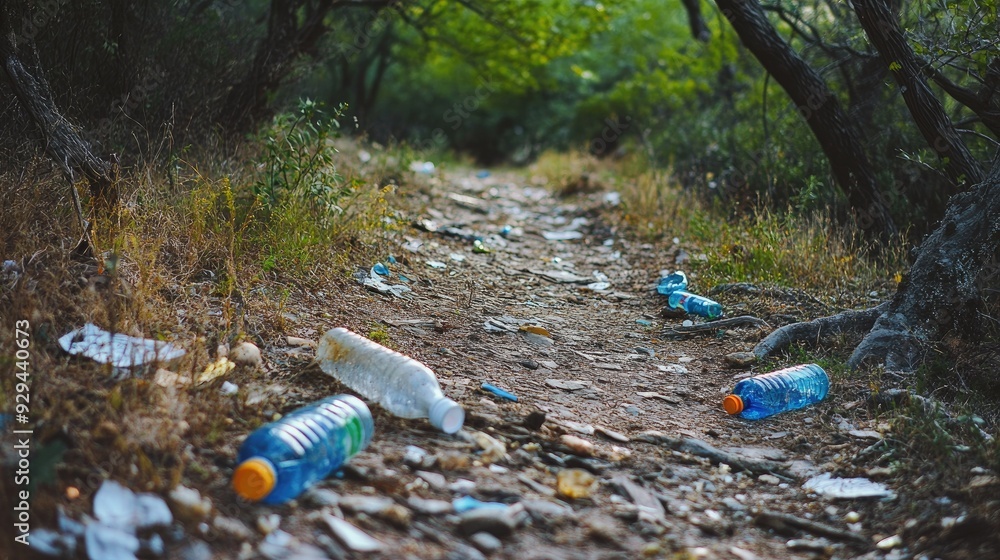 Littered hiking trail with discarded water bottles and food wrappers ...
