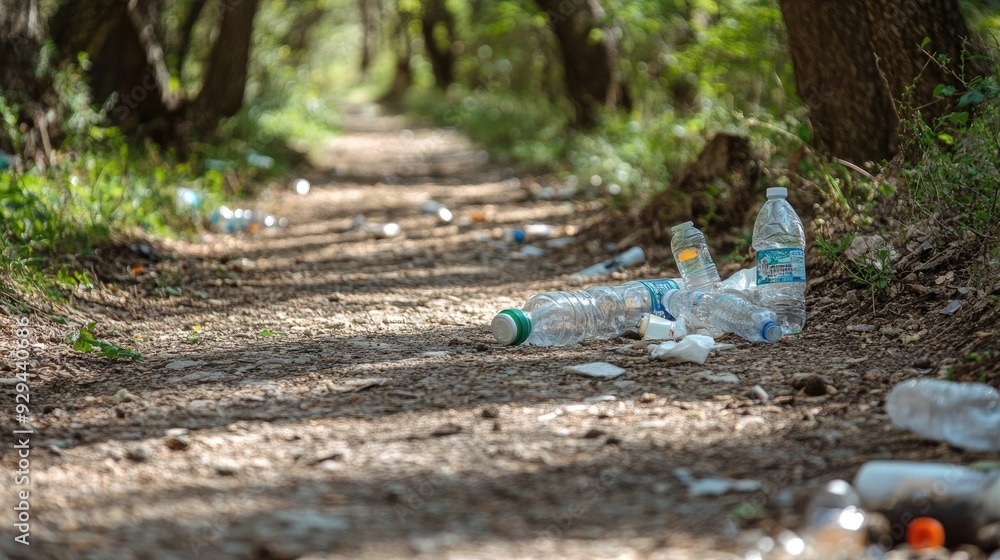 Littered hiking trail with discarded water bottles and food wrappers ...
