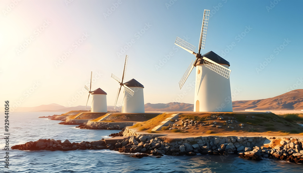 Innovative windmills at seaside isolated with white highlights, png ...