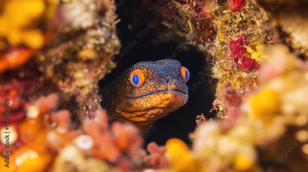 Moray eel peeking out from a crevice in the coral reef, highlighting ...