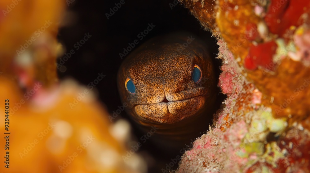 Moray eel peeking out from a crevice in the coral reef, highlighting ...
