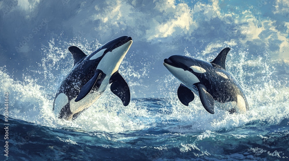 Orcas breaching the ocean surface in sync, representing the power and ...